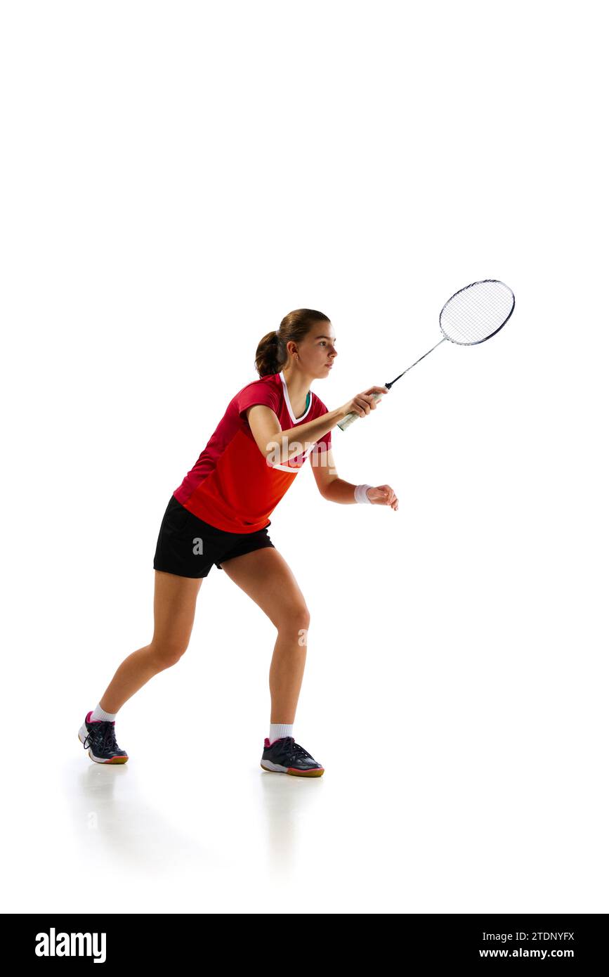 Beauty and prowess. Portrait of young and attractive badminton player ...