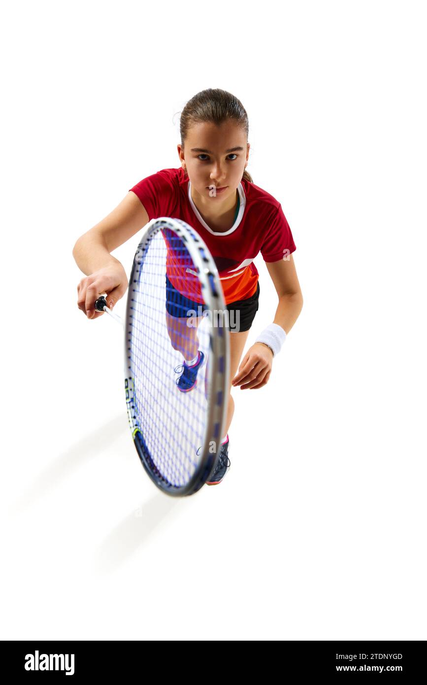 Energy and dedication. Top view. Skilled female badminton player in ...