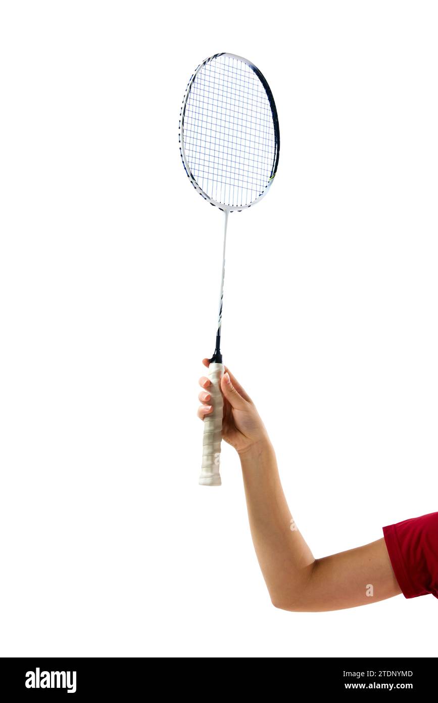 Cropped photo of female badminton player, sportsman holds racquet in ...