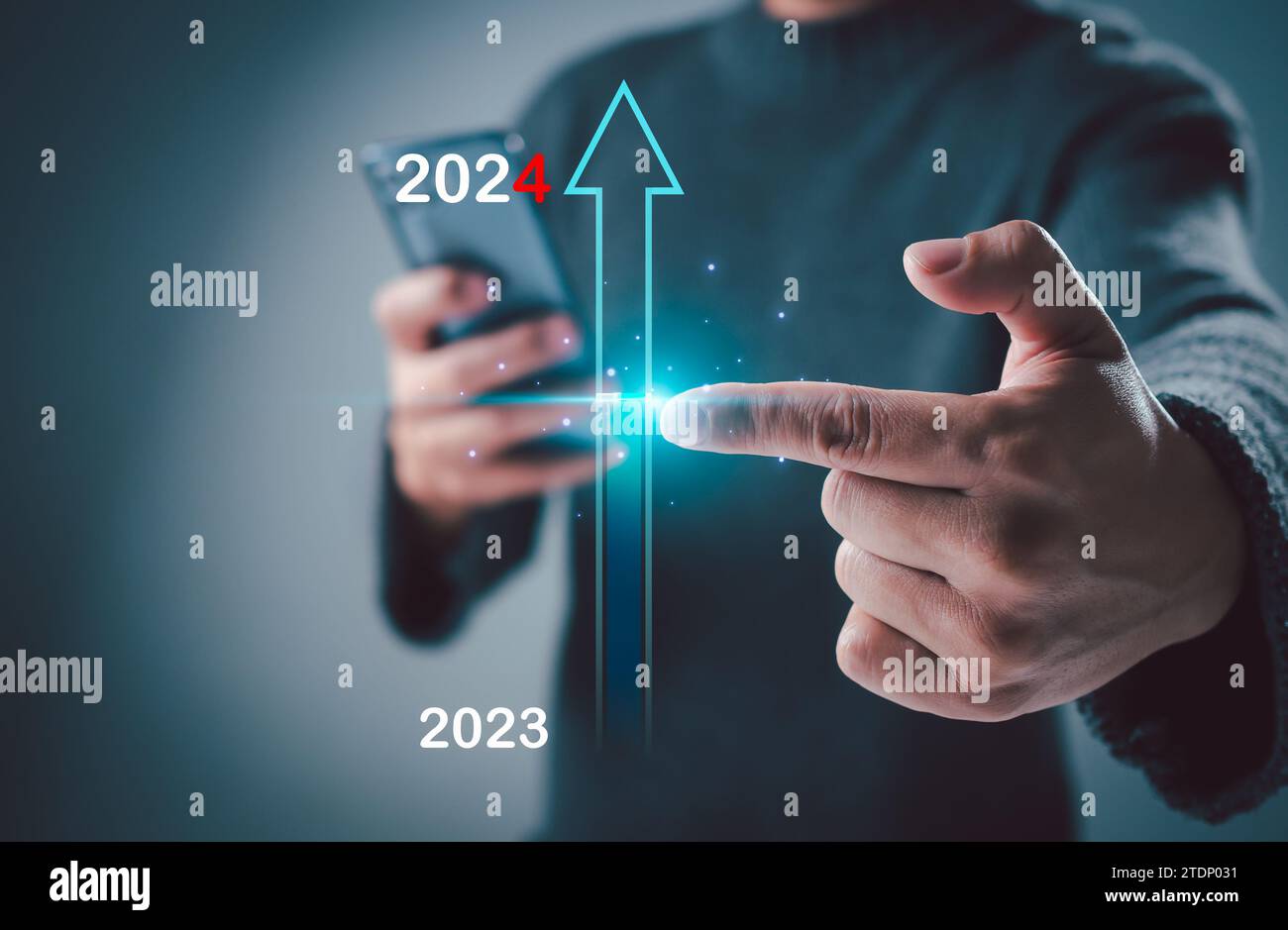 Hand man touch on virtual bar status to change from 2023 to 2024 ...