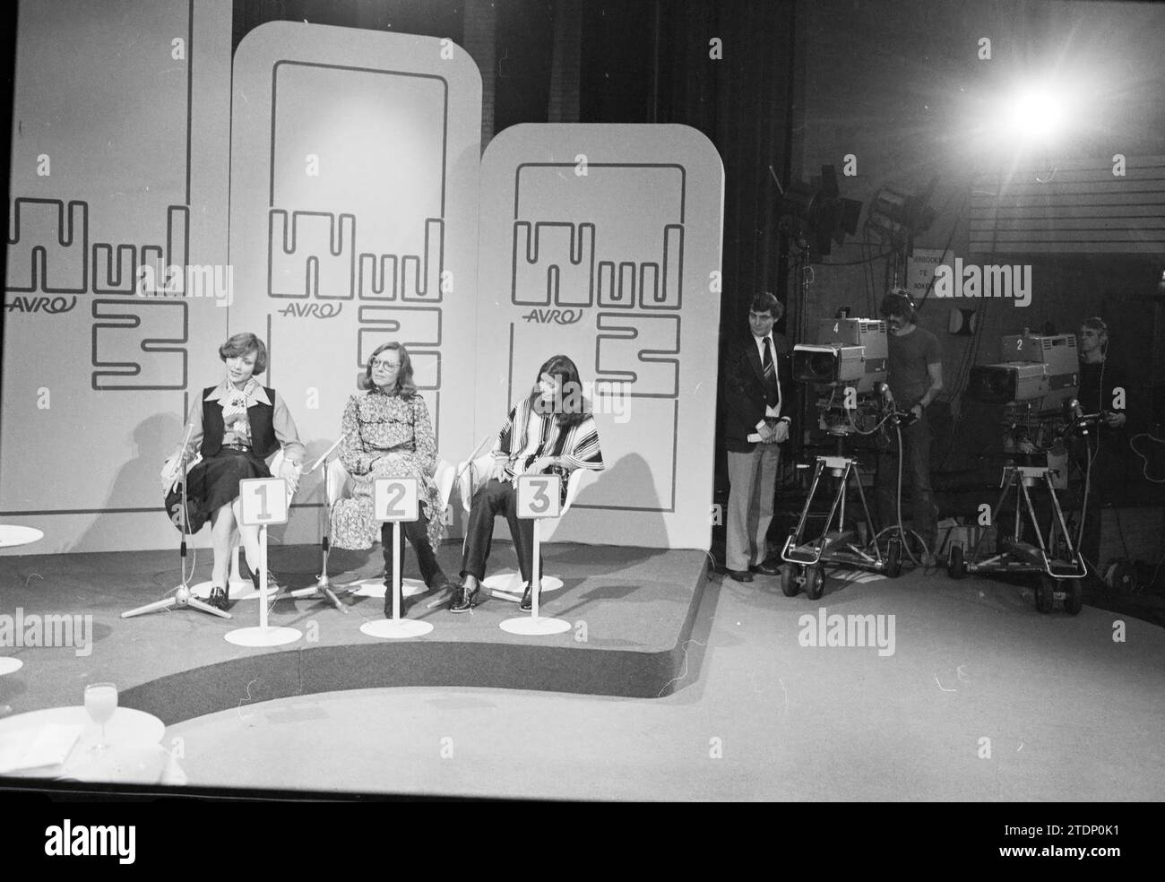 Recording in theater of Avro program 'Wie van de drie' (three ...