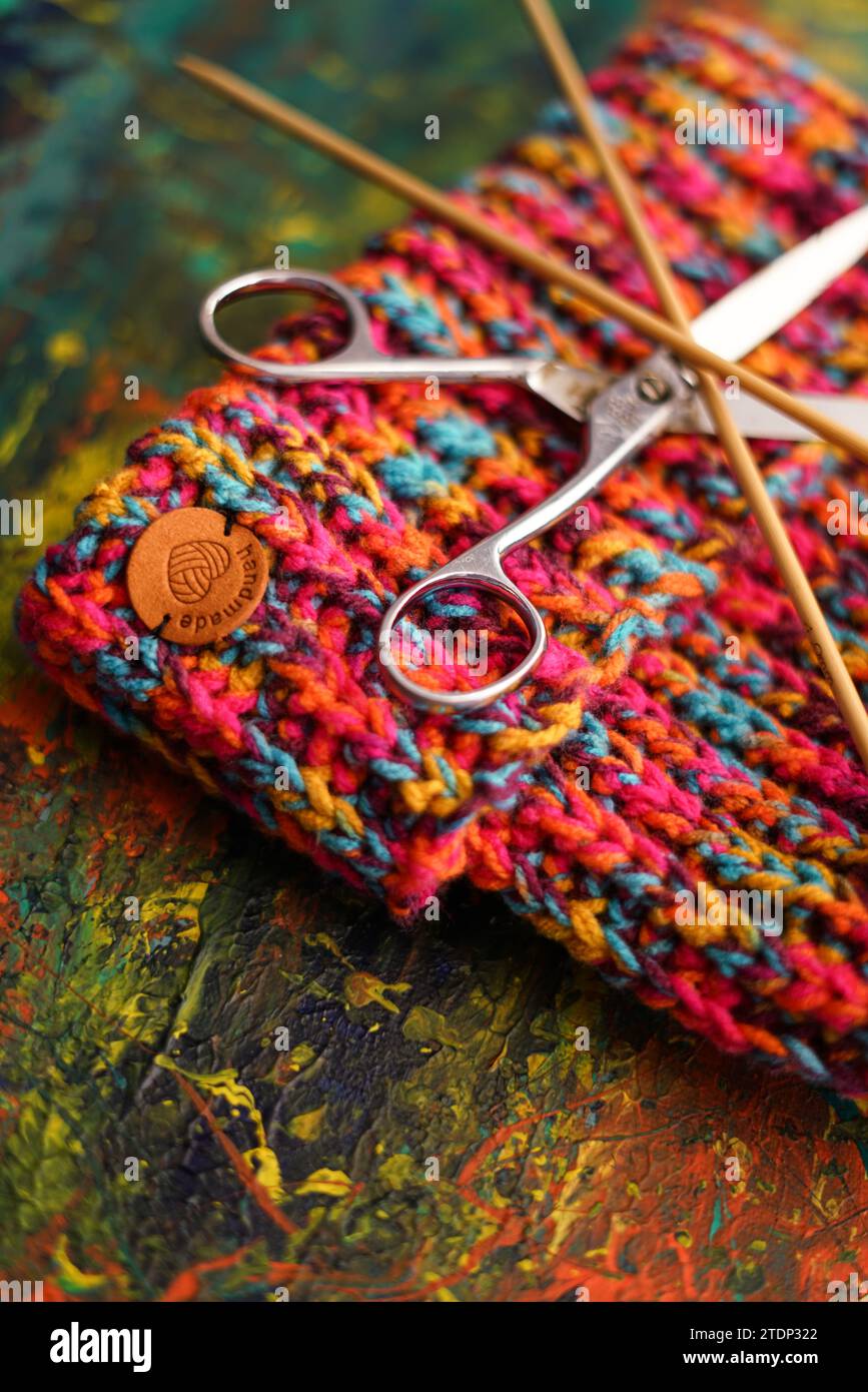 Knitting concept. Scissors,wool needles and colorful wool Stock Photo ...