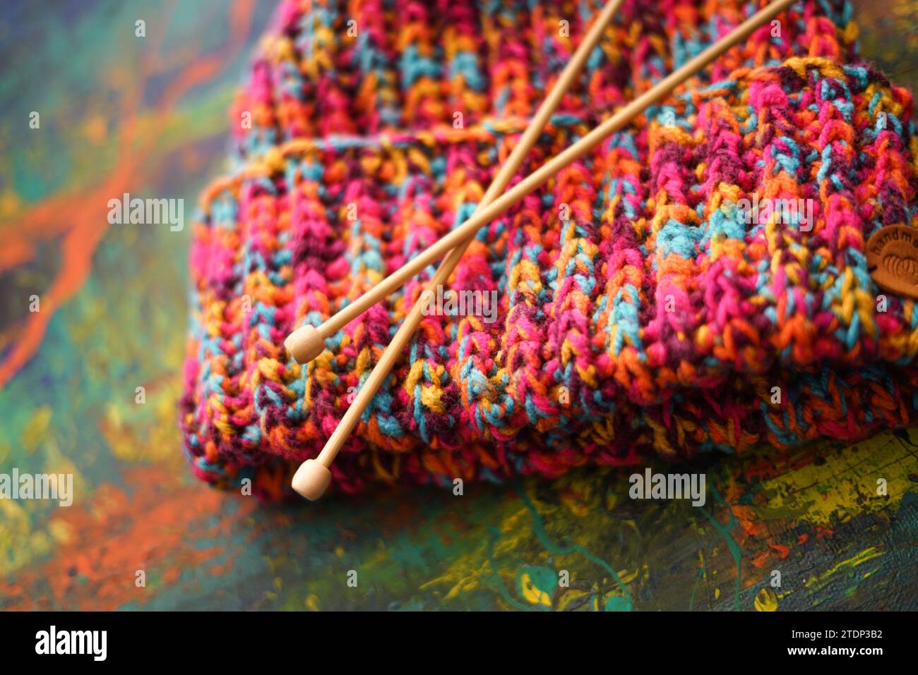 Knitting concept. Wool needles and colorful wool Stock Photo - Alamy