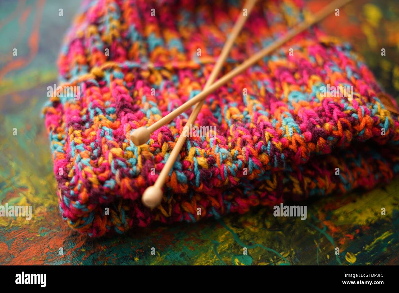 Knitting concept. Wool needles and colorful wool Stock Photo - Alamy