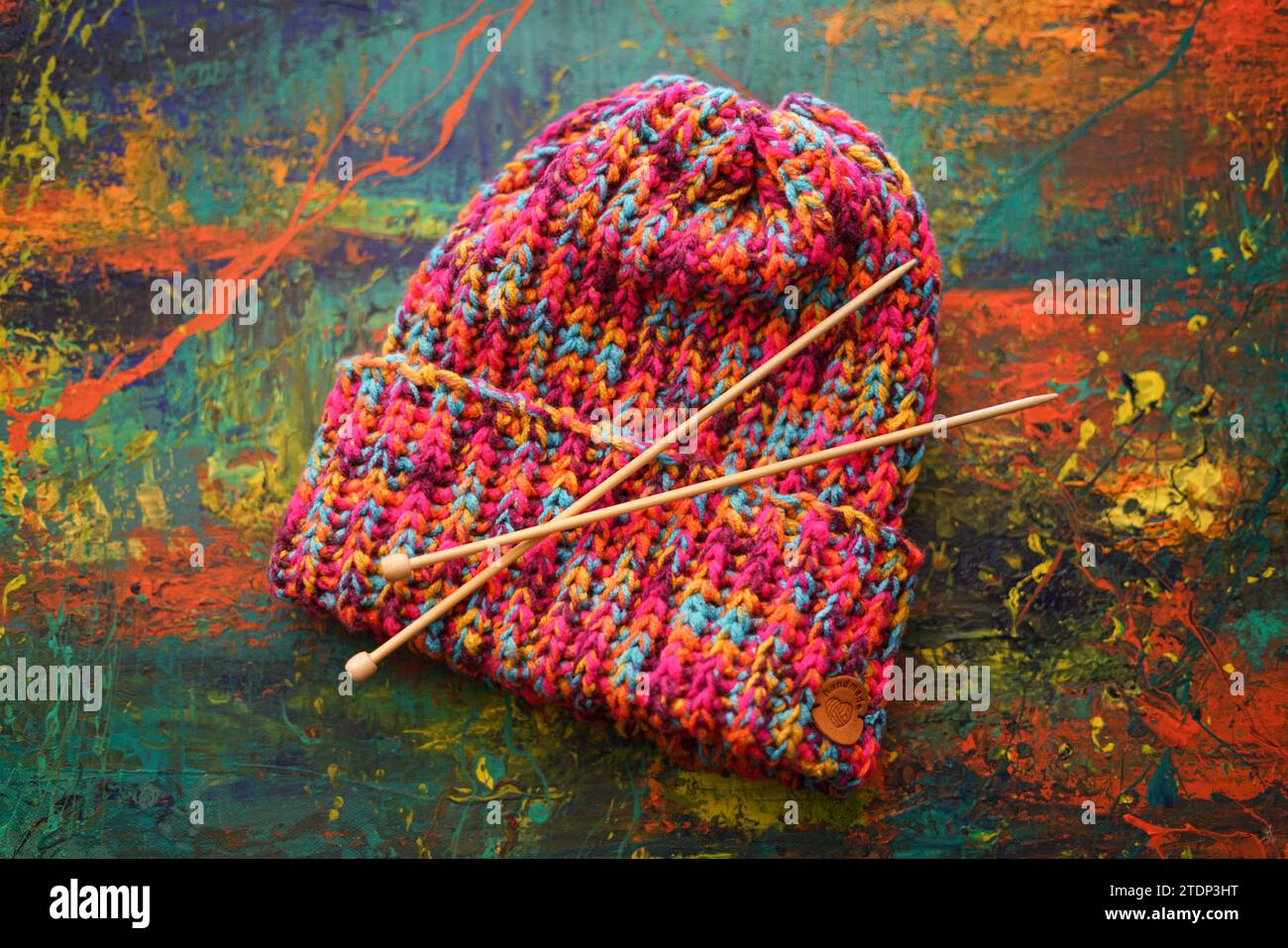 Knitting concept. Wool needles and colorful wool Stock Photo - Alamy
