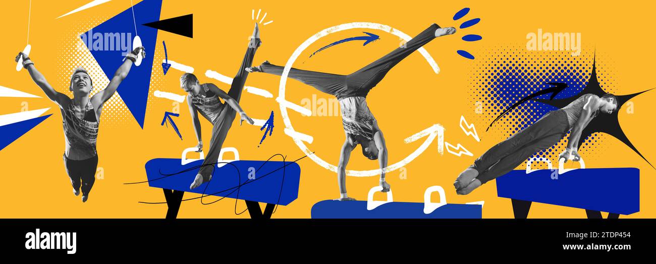 Child, boy, acrobat training, practicing acrobatic stunts over yellow ...