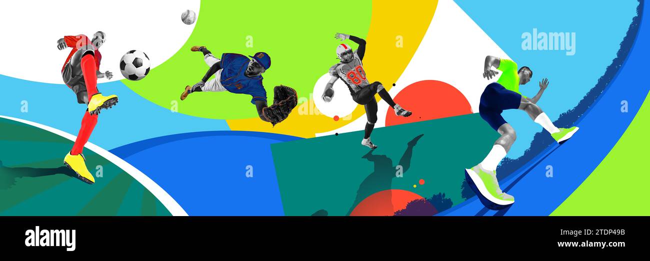 Competitive athletes, men in motion, practicing football, baseball ...