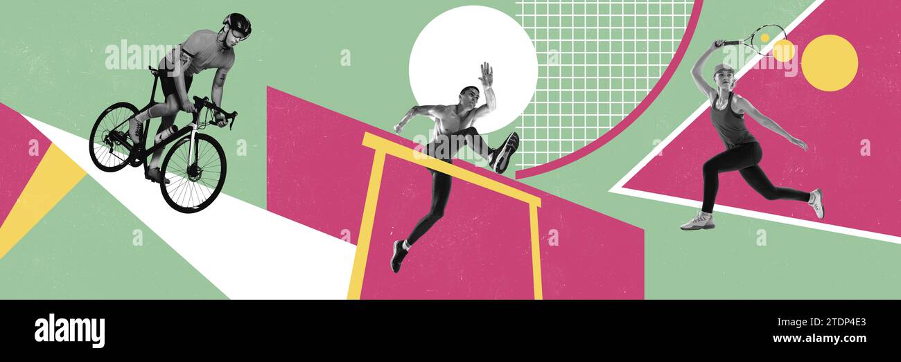 Concentrate and competitive young people, cyclist, runner and and ...