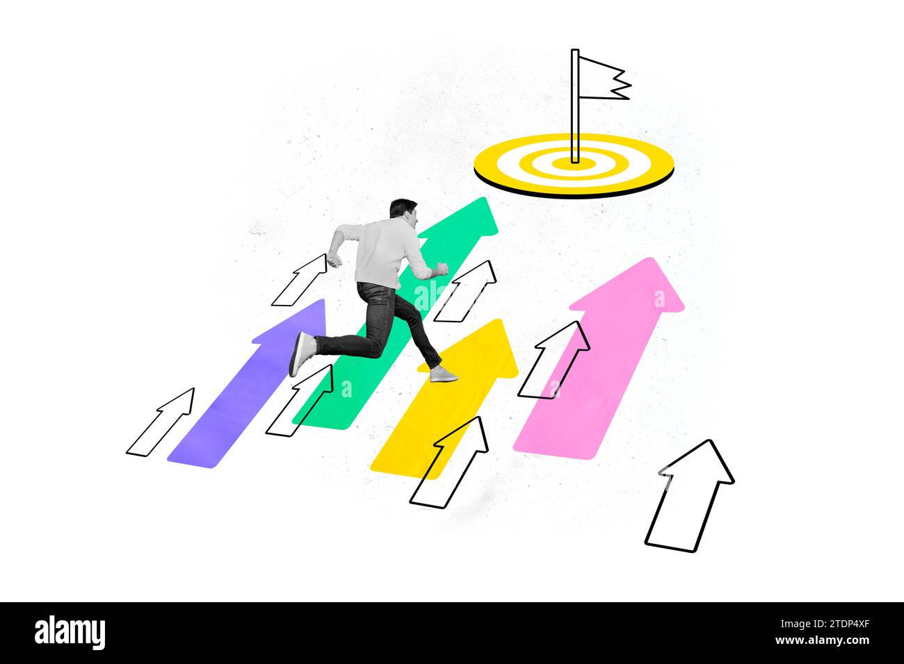 Creative photo collage image running young man entrepreneur reaching ...