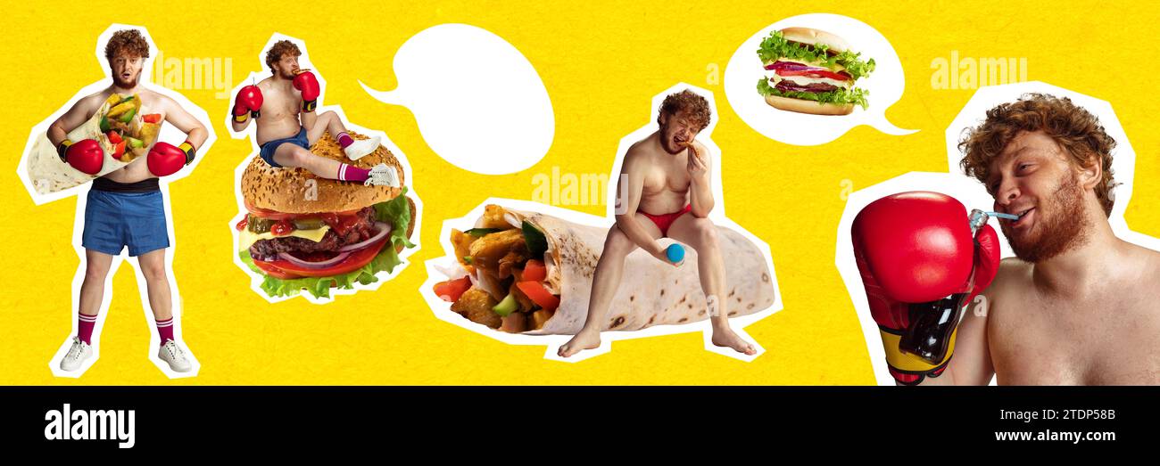 Fat, overweigh man quitting sport, eating unhealthy burger, fast food ...