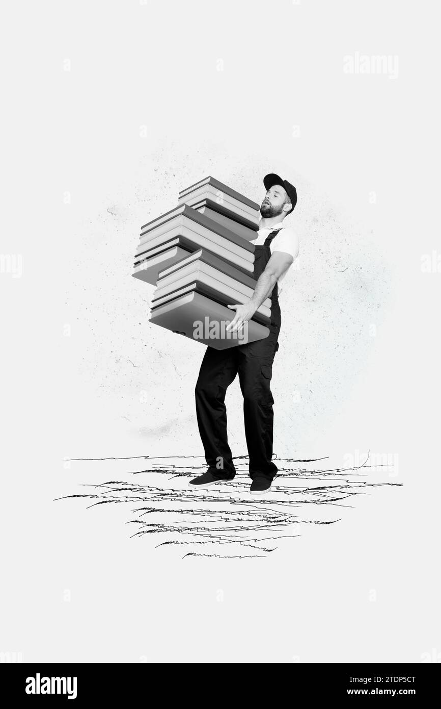 Vertical creative collage young man courier deliver heavy load stack ...