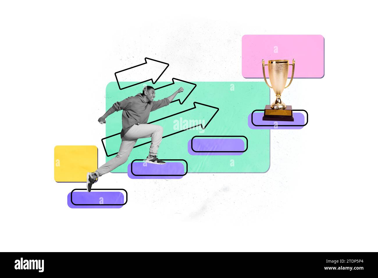 Creative collage banner running young guy upwards stairs competition ...