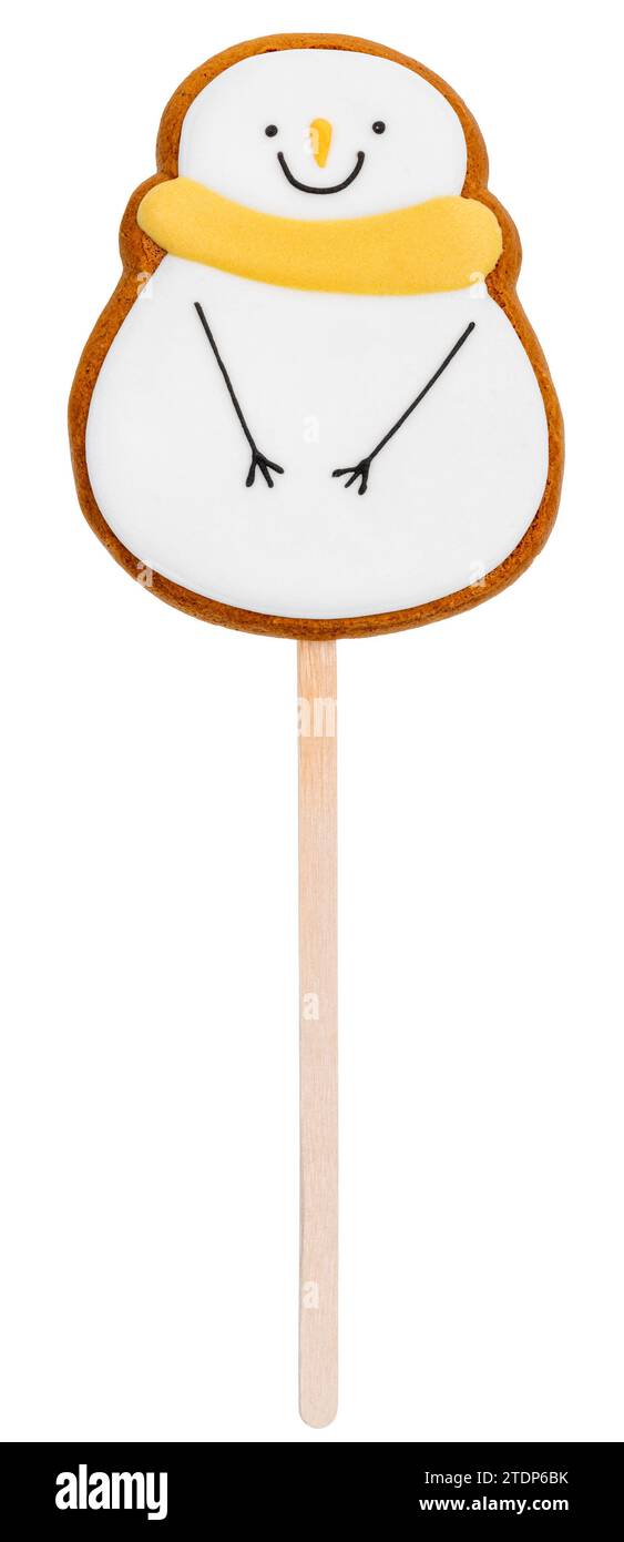 Funny snowman shaped gingerbread cookie pop with icing isolated on a ...