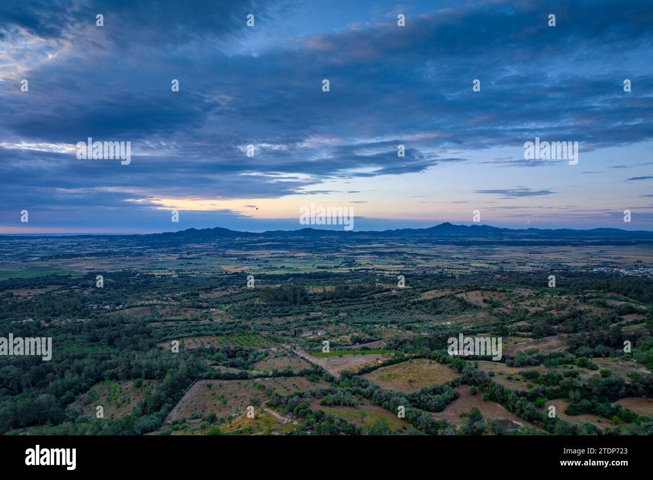 Aerial view from the sanctuary of Bonany at sunrise (Majorca, Balearic ...