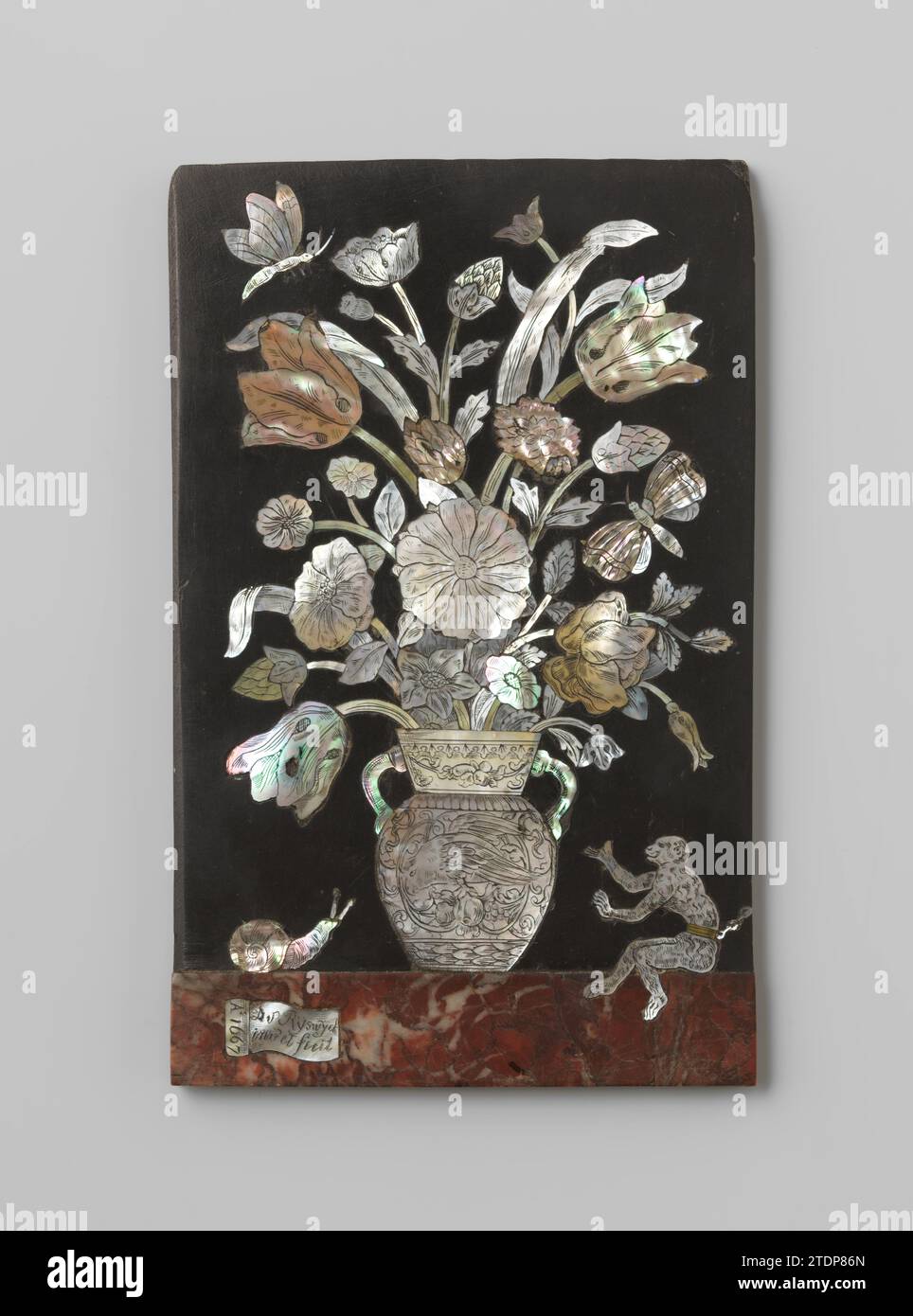 Panel with input representation of a vase with flowers, a monkey and a ...