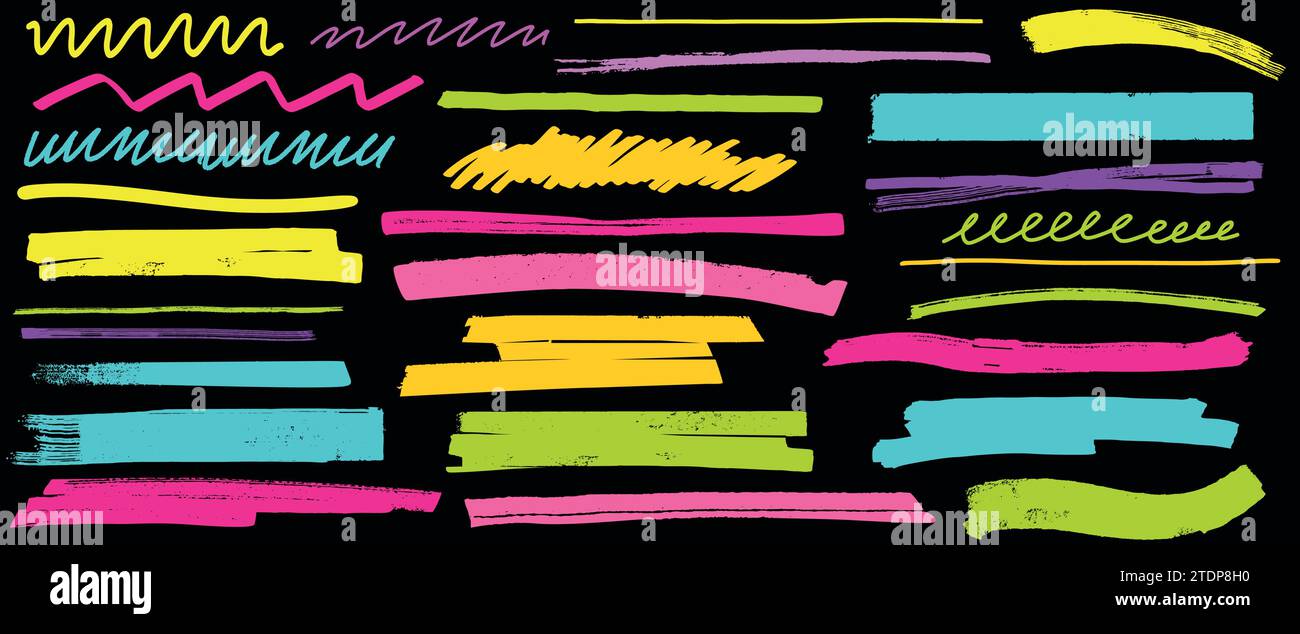 Set of acid color highlighter lines. Hand drawn highlight marker pen ...