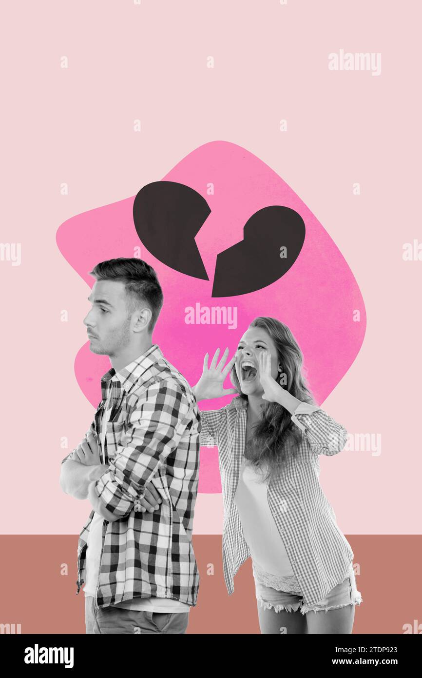 Vertical photo collage of furious mad girlfriend yelling at sad ...