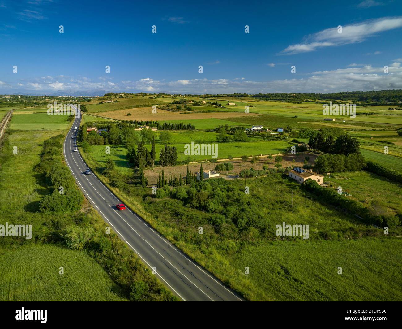 Aerial view of green fields and meadows on a spring morning in the Pla ...