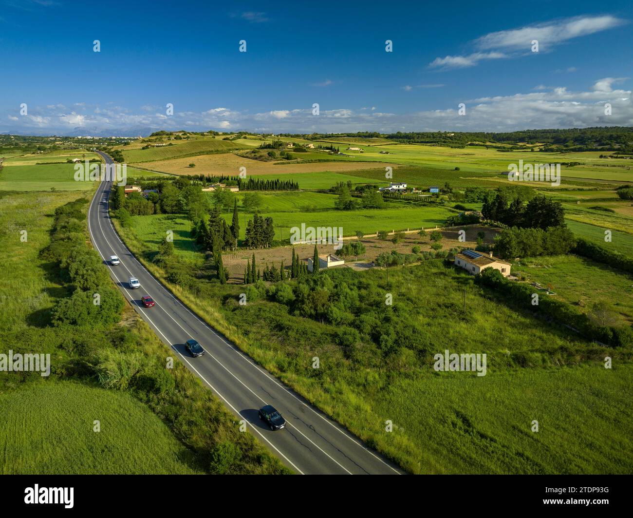 Aerial view of green fields and meadows on a spring morning in the Pla ...