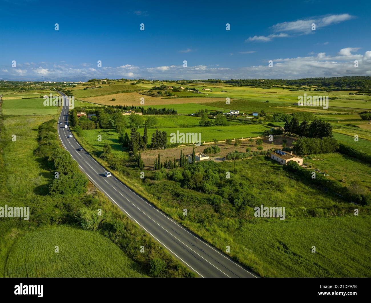 Aerial view of green fields and meadows on a spring morning in the Pla ...