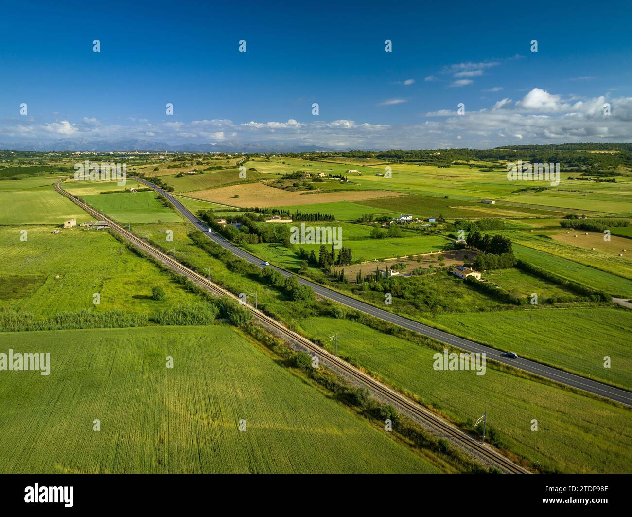 Aerial view of green fields and meadows on a spring morning in the Pla ...
