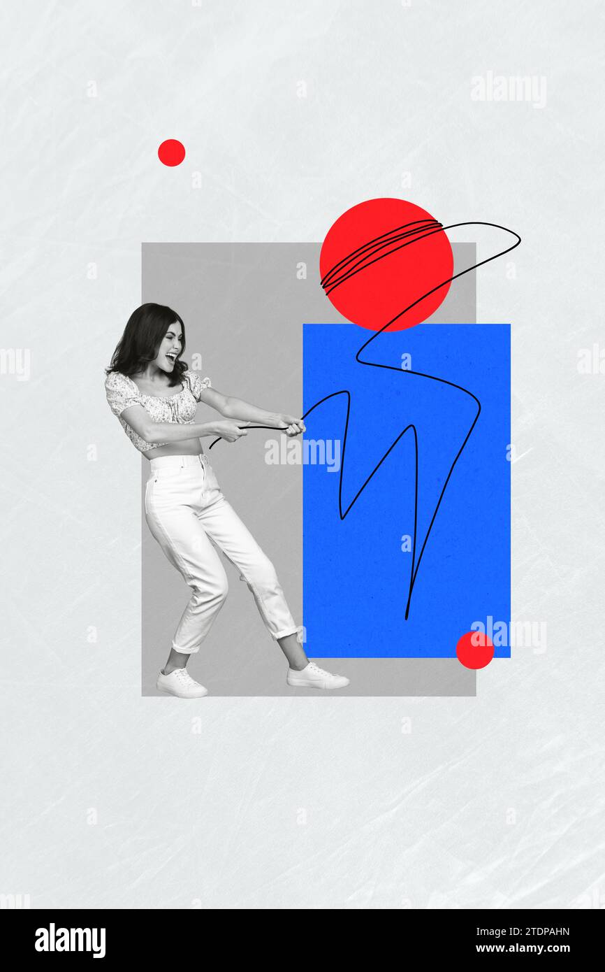 Vertical photo collage of young girl grab rope try to pull geometric ...