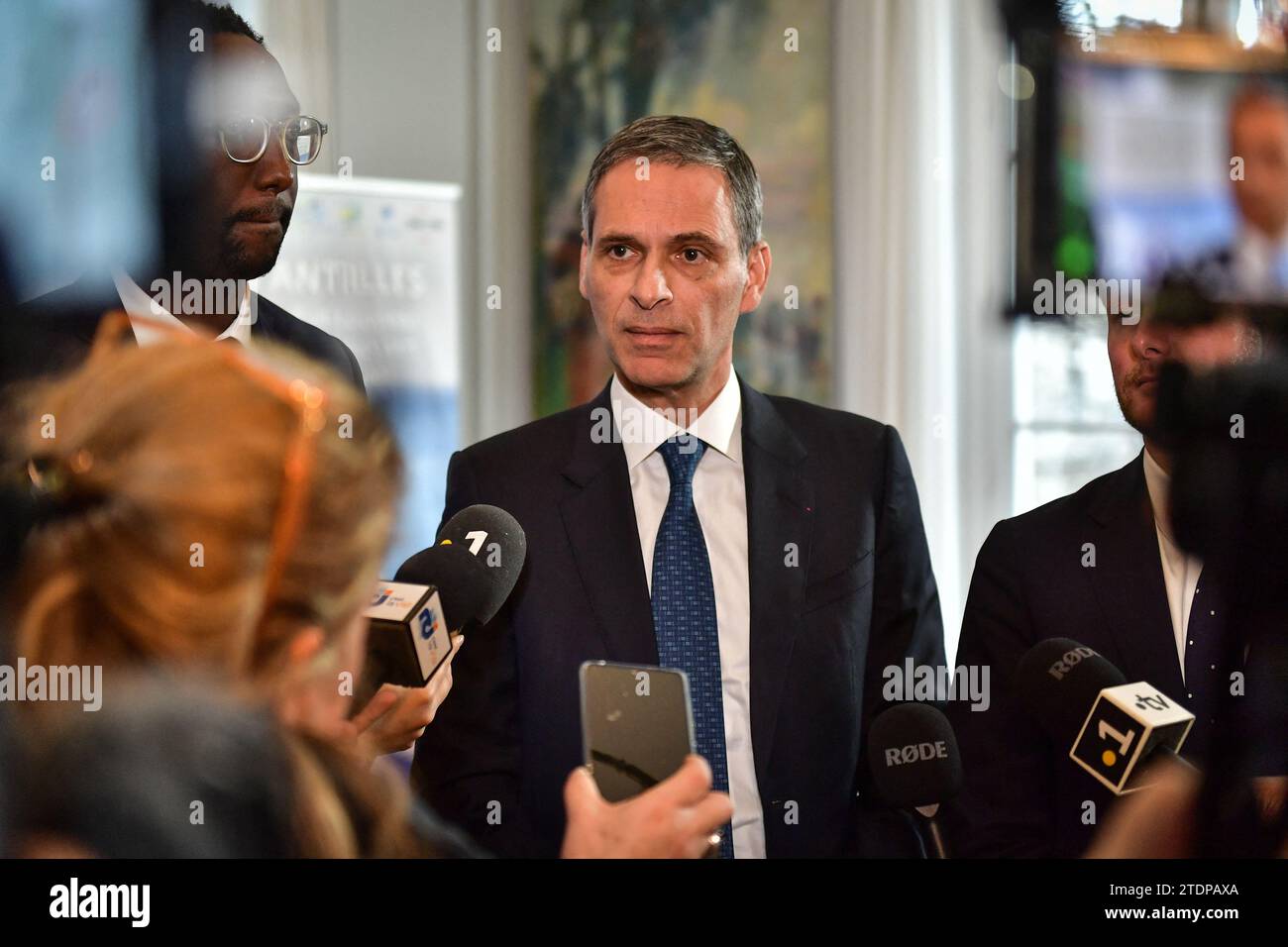 Paris, France. 19th Dec, 2023. CEO of CMA CGM Rodolphe Saade speaks to ...