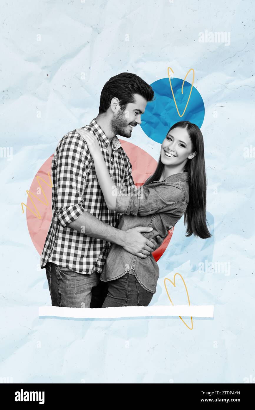 Vertical art photo collage of happy couple standing together man hold ...