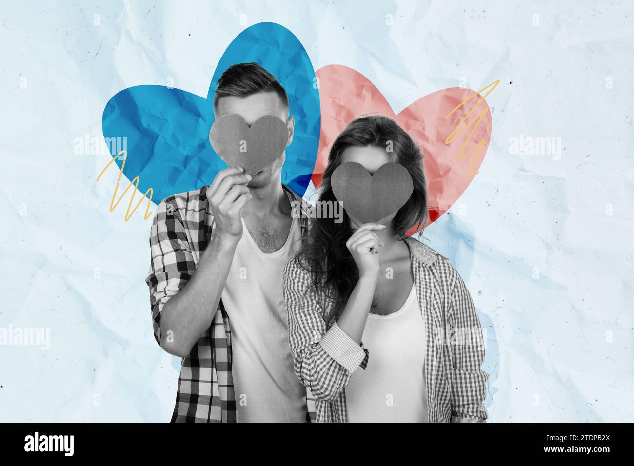 Horizontal art photo collage of two people couple stand together close ...