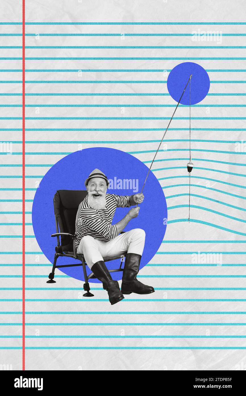 Creative poster collage of funny excited grandpa fishing copybook page ...