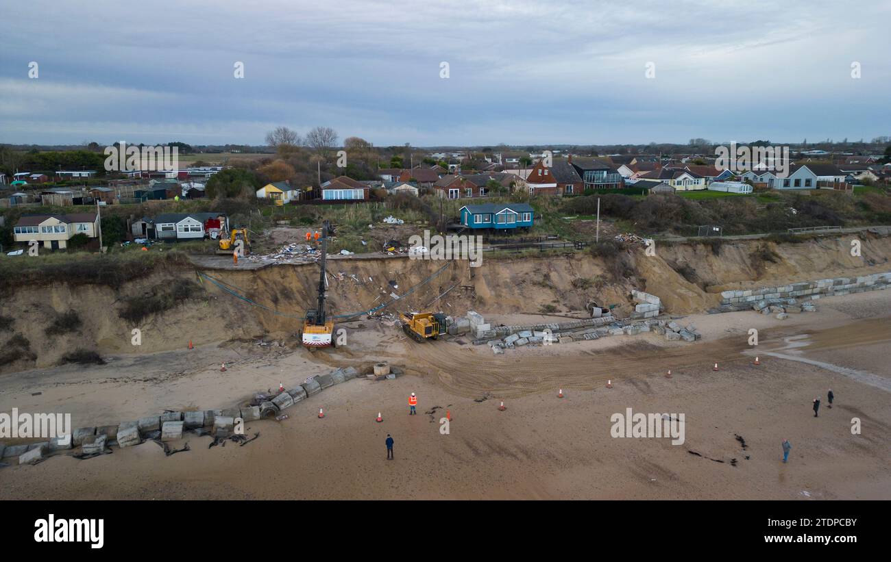 10th December 2023. Hemsby, Norfolk, UK. Aerial drone shot of bungalow ...