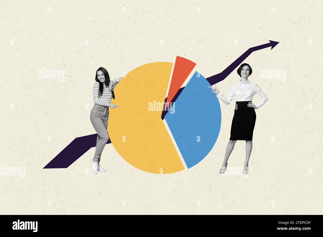 Photo collage banner two young successful woman standing showing ...