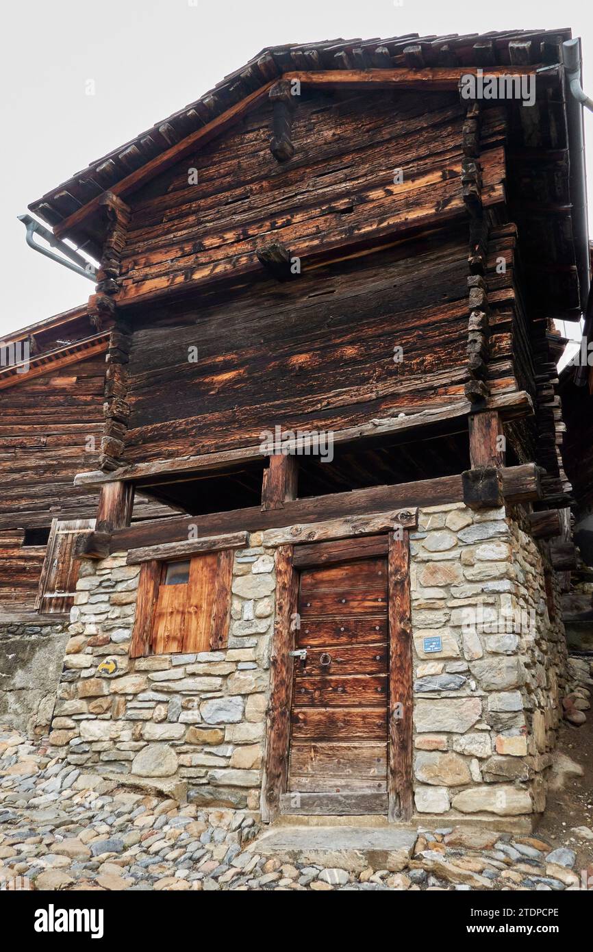 Typical Old Valais Stone Barn With Heuspeicher Made Of Weathered Dark ...