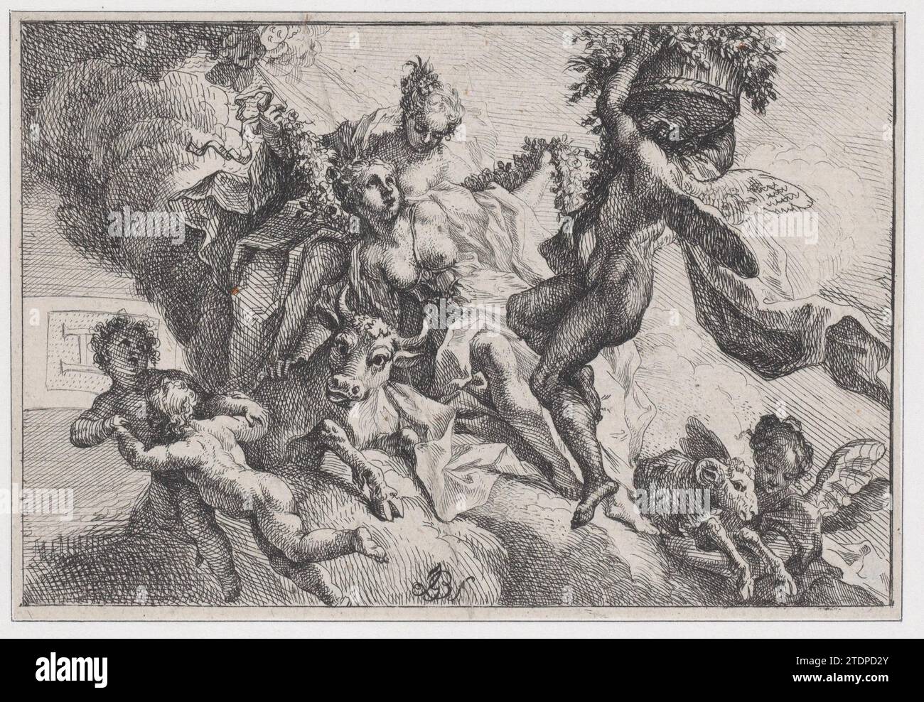 Autumn: allegorical scene with figures seated on clouds with a bull and ...