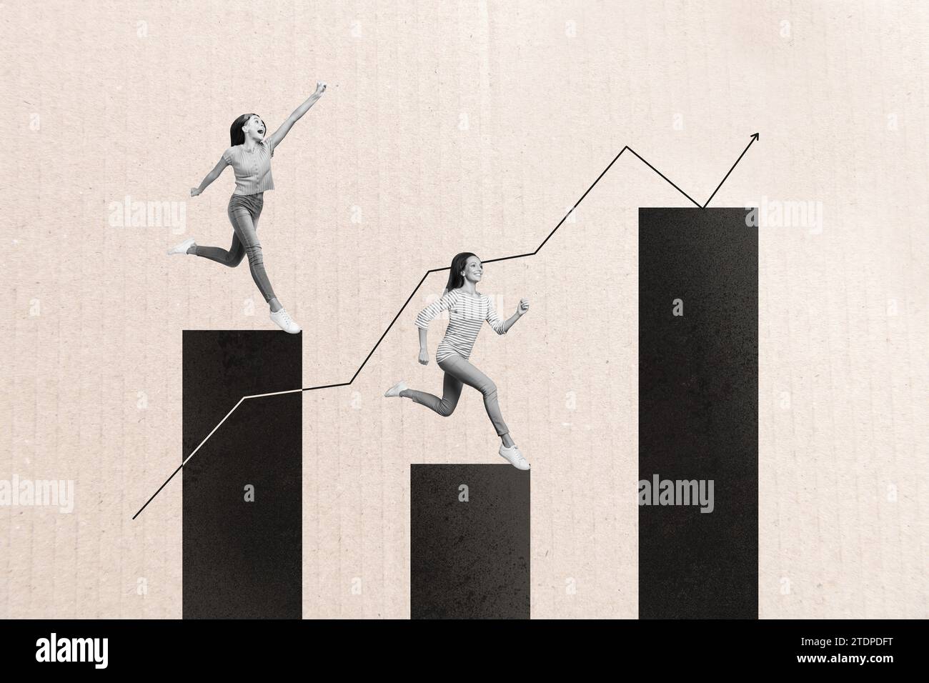 Creative collage image picture running two woman towards success ...