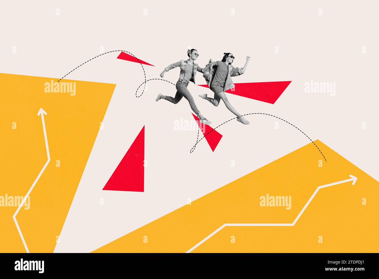 Creative photo collage picture two running young girl overcome ...