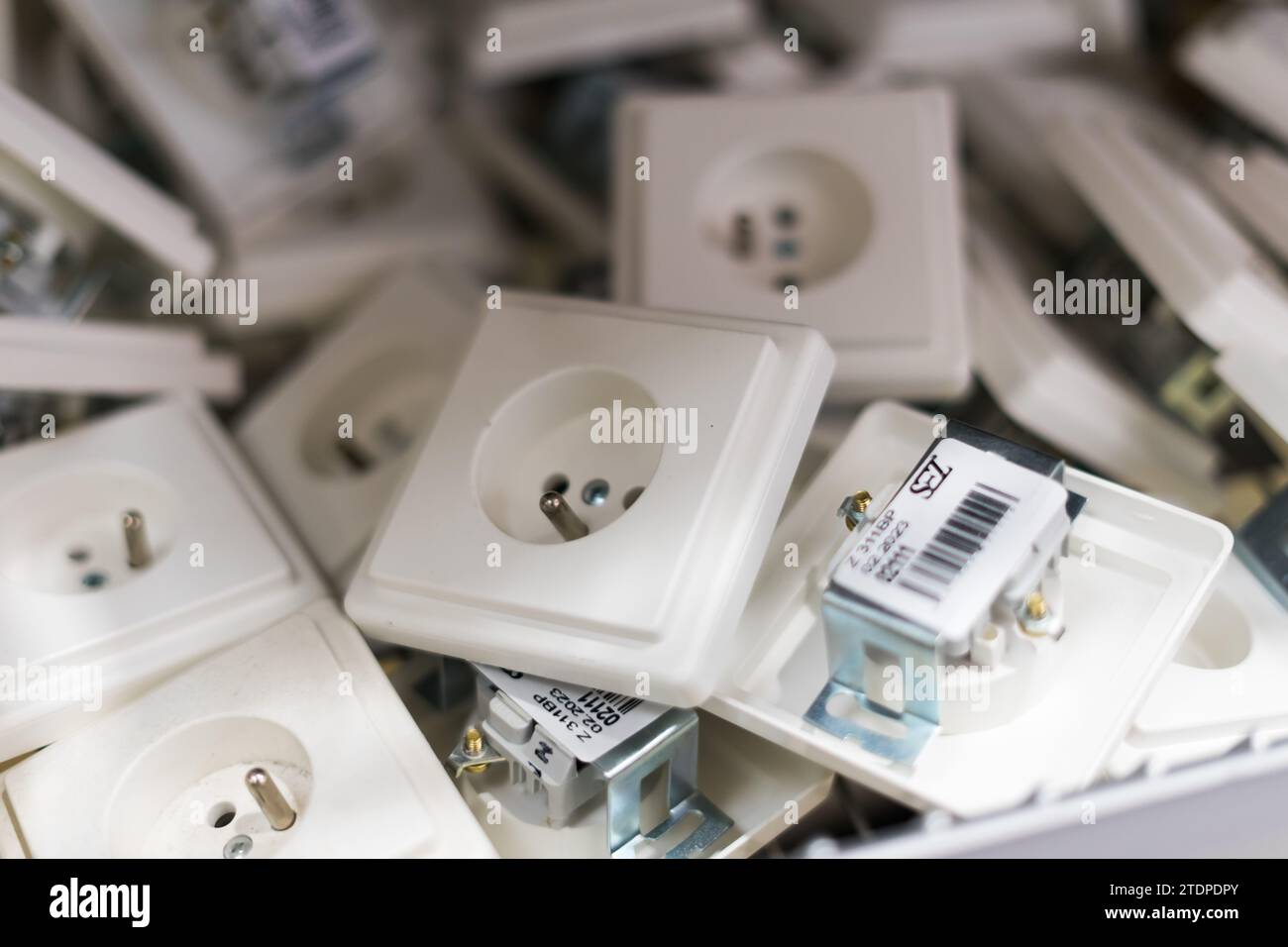 Electric sockets and switches on a show-window of shop. Sales Stock ...