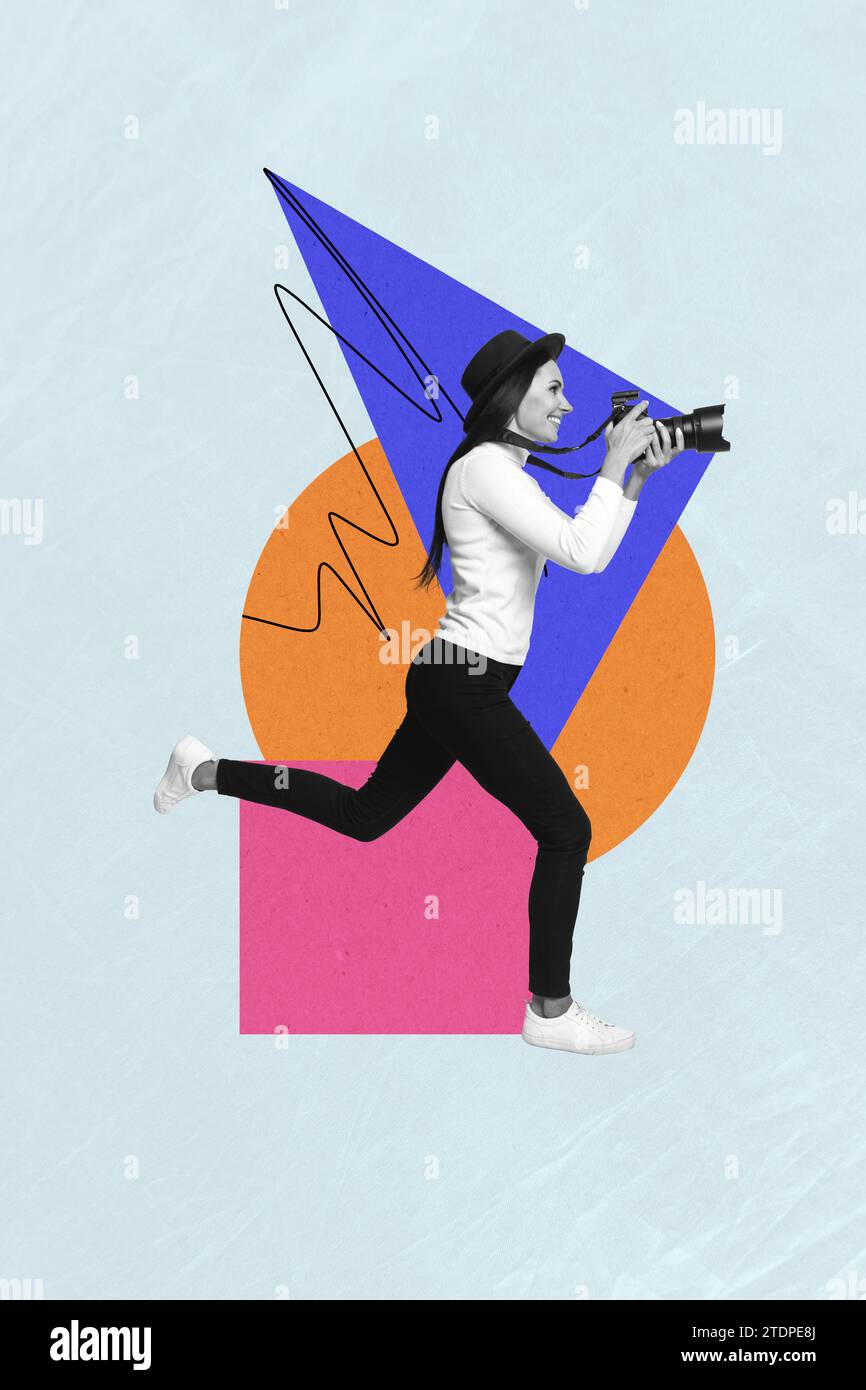 Vertical creative photo collage of young overjoyed woman photographer ...