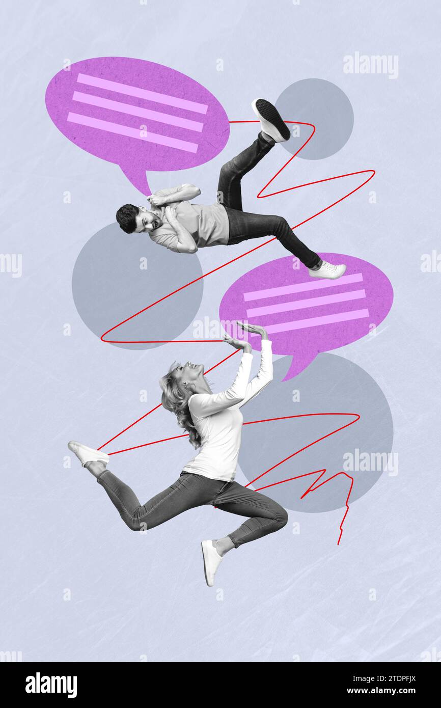 Vertical photo collage of two people texting man grab message bubble ...