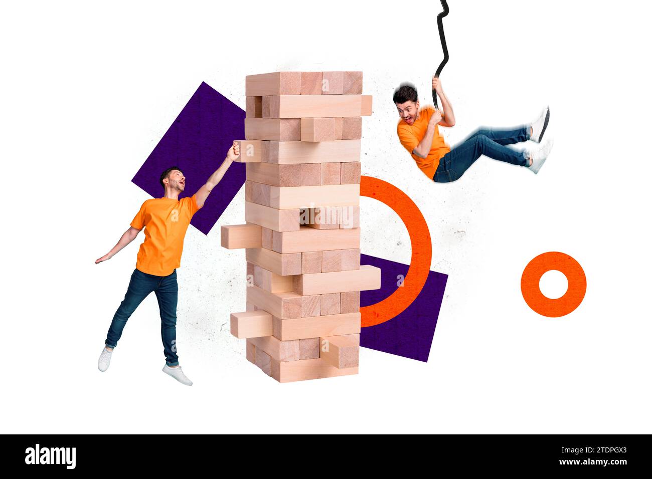 Illustration collage pop picture of strong man playing wooden game ...