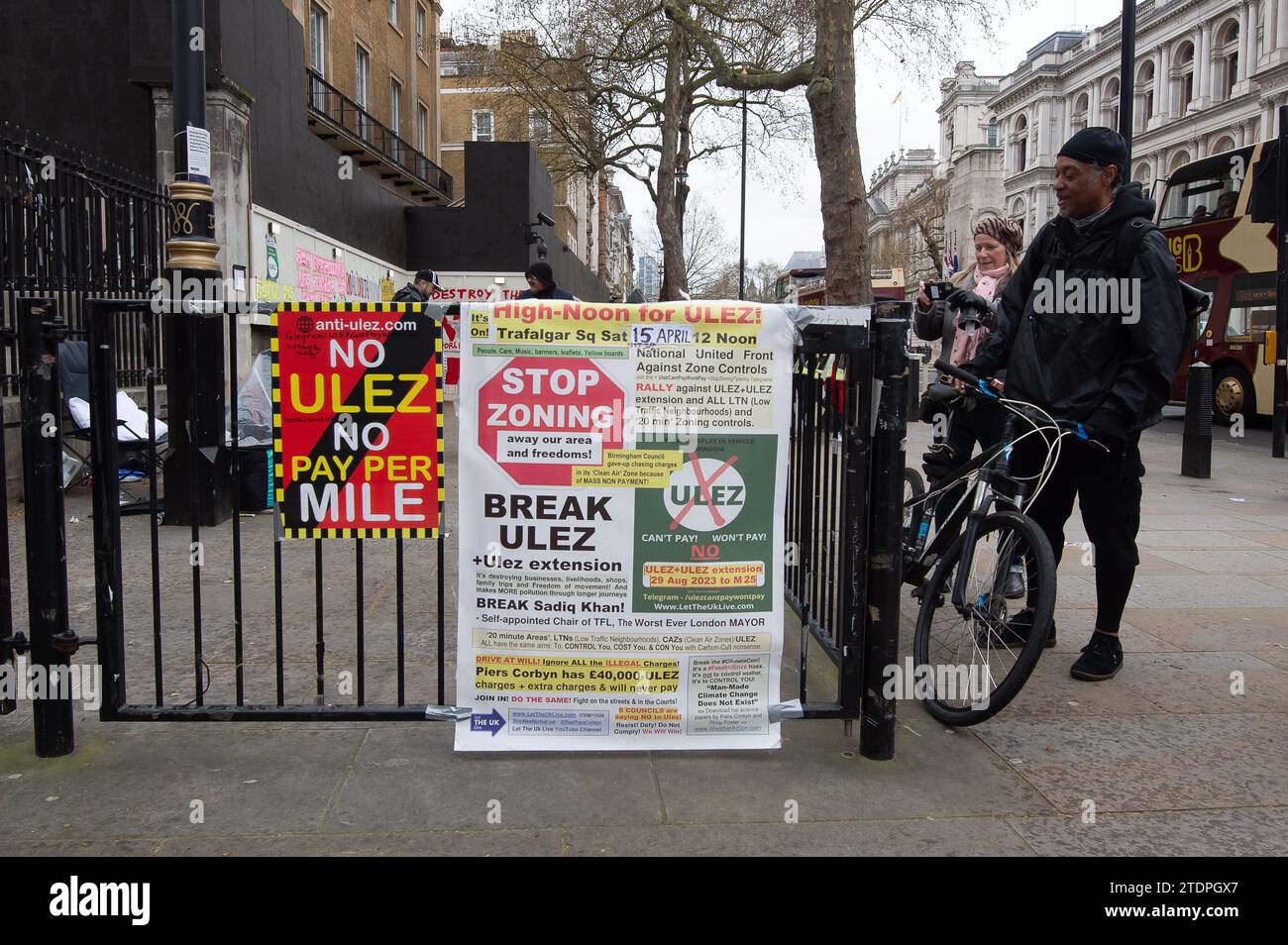 London, UK. 11th April, 2023. A No to ULEZ sign opposite Downing Street ...