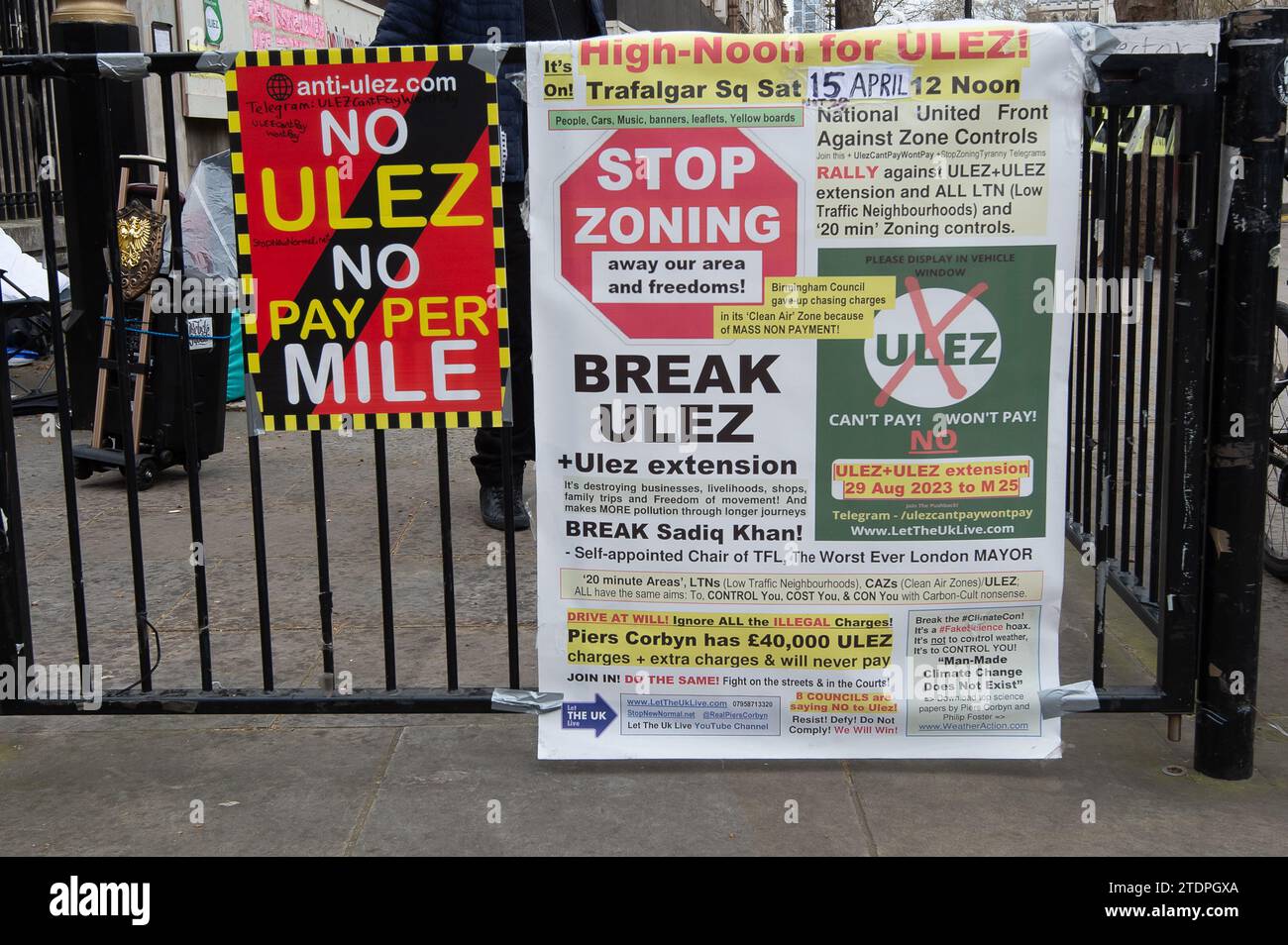 London, UK. 11th April, 2023. A No to ULEZ sign opposite Downing Street ...