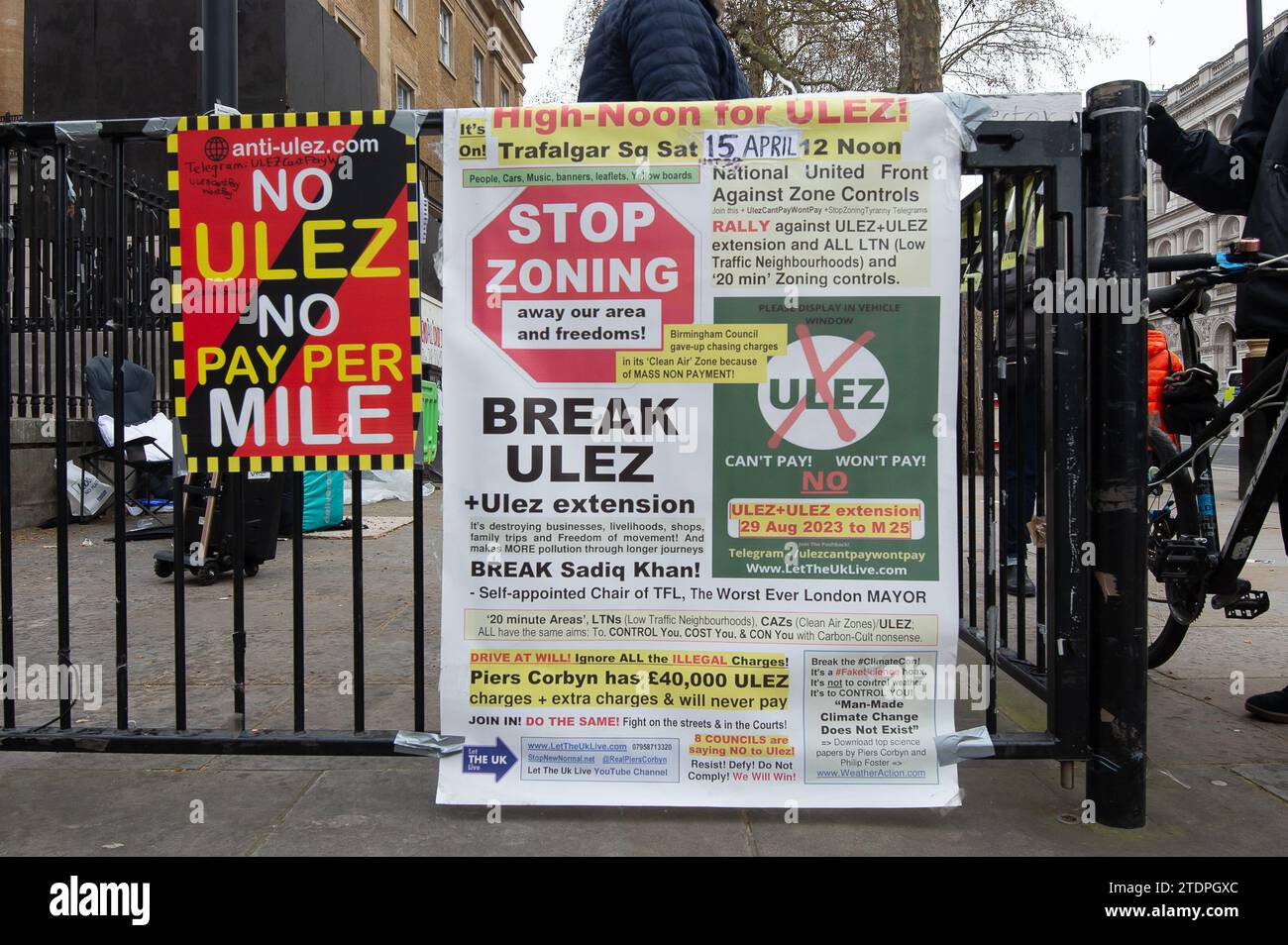 London, UK. 11th April, 2023. A No to ULEZ sign opposite Downing Street ...