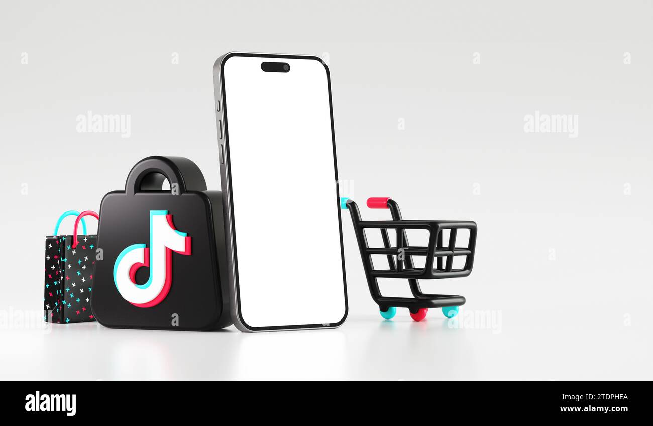Valencia, Spain - December, 2023: TikTok Shop icon with phone screen mockup isolated on white ...