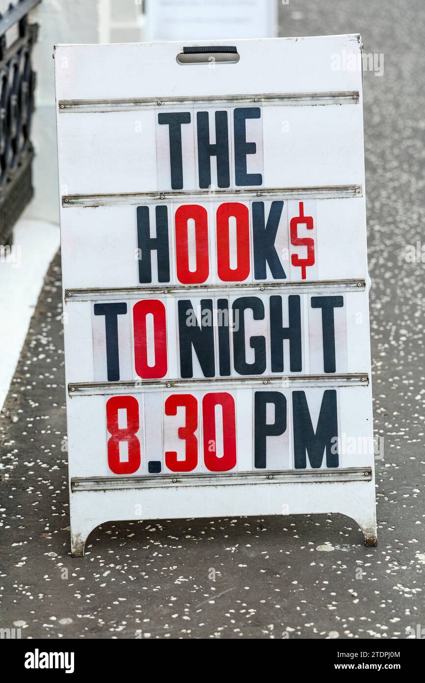 A-board on a pavement advertising a gig for the Hook$, UK, Europe Stock ...