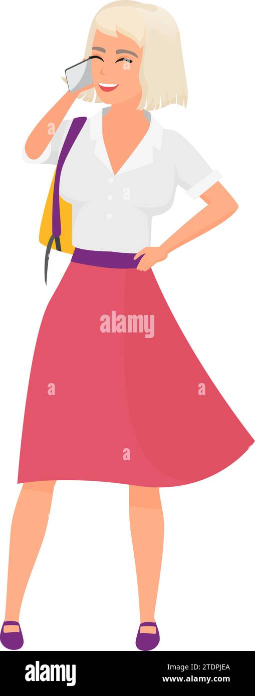 Laughing student girl talking on phone. Front view of standing female ...