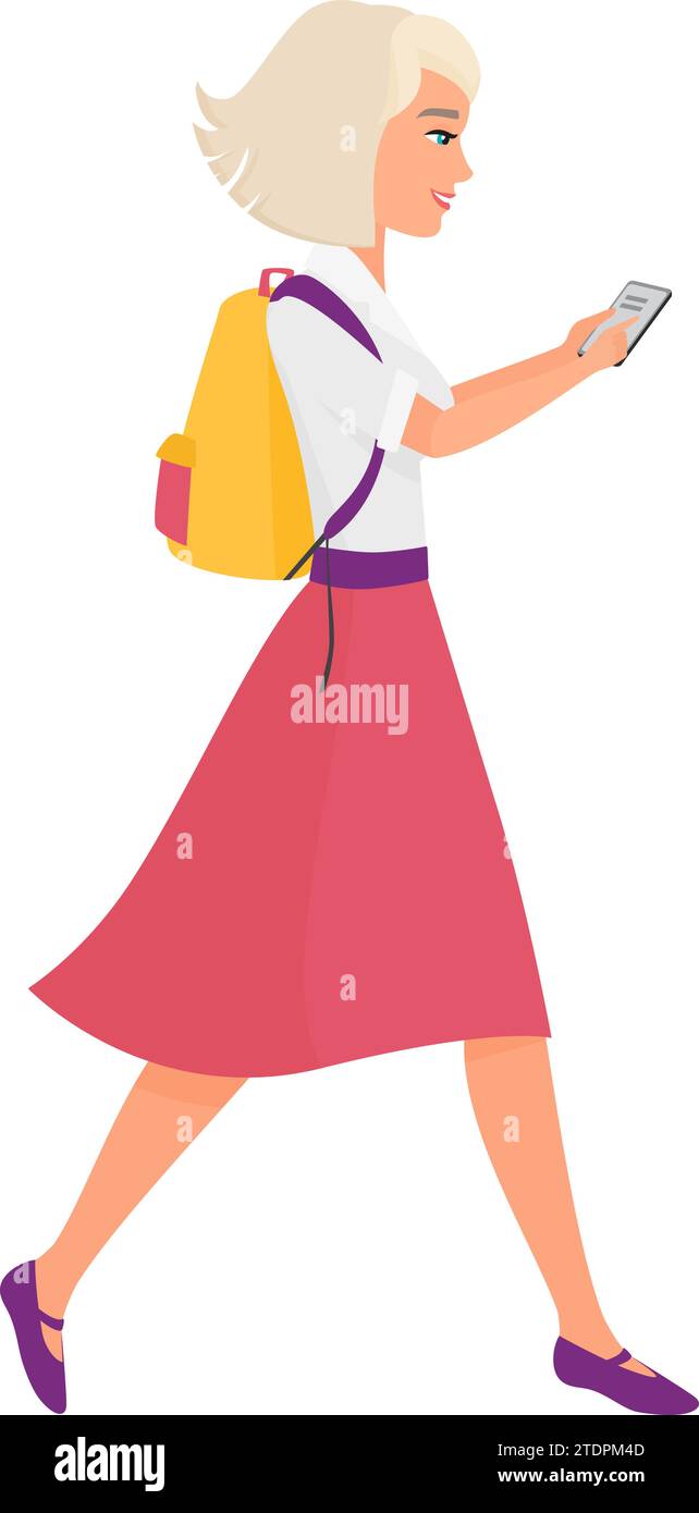 Walking student girl with smartphone. Female teenager using phone ...