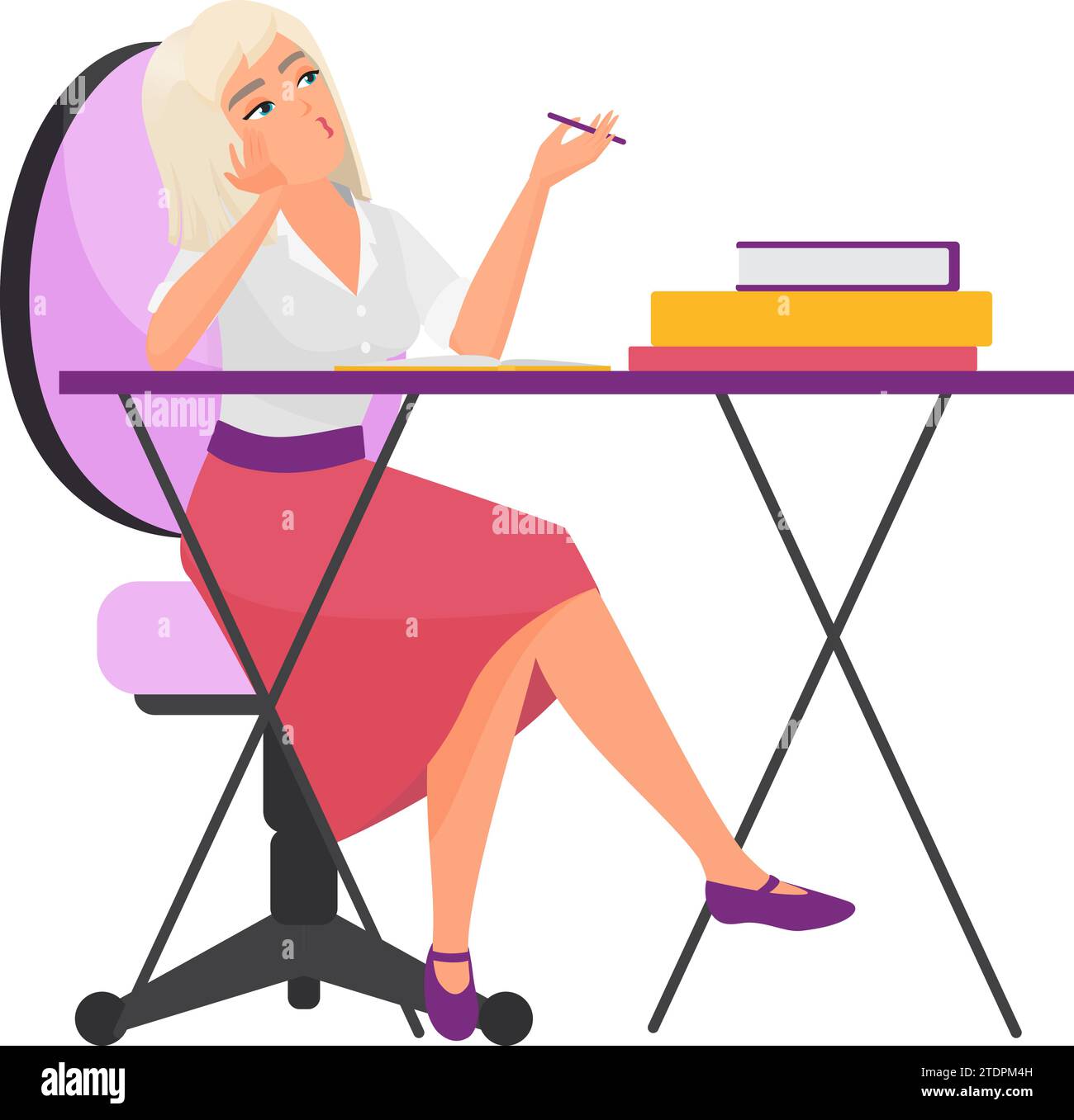 Student girl learning at desk. Female student thinking at table cartoon ...