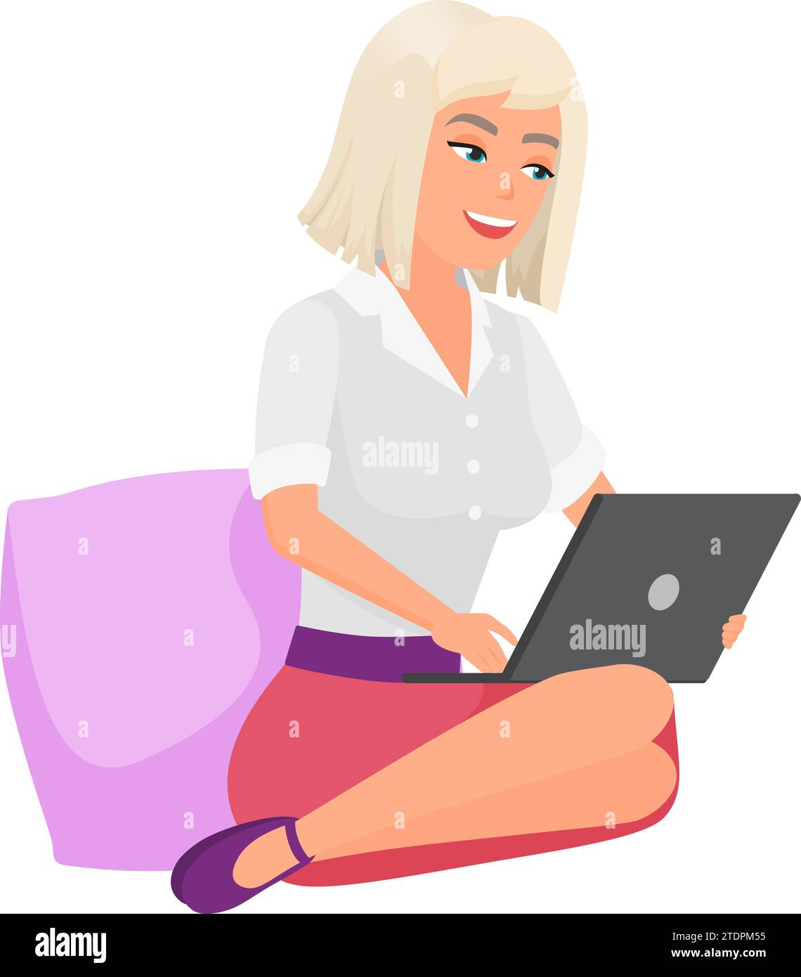 Student girl sitting with laptop. Blonde female student studying with ...