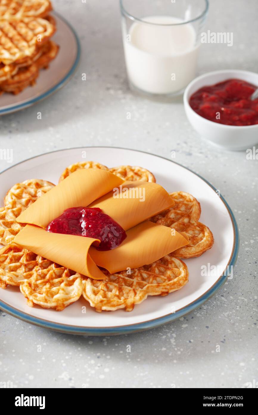 waffles with Norwegian brunost traditional brown cheese and raspberry ...